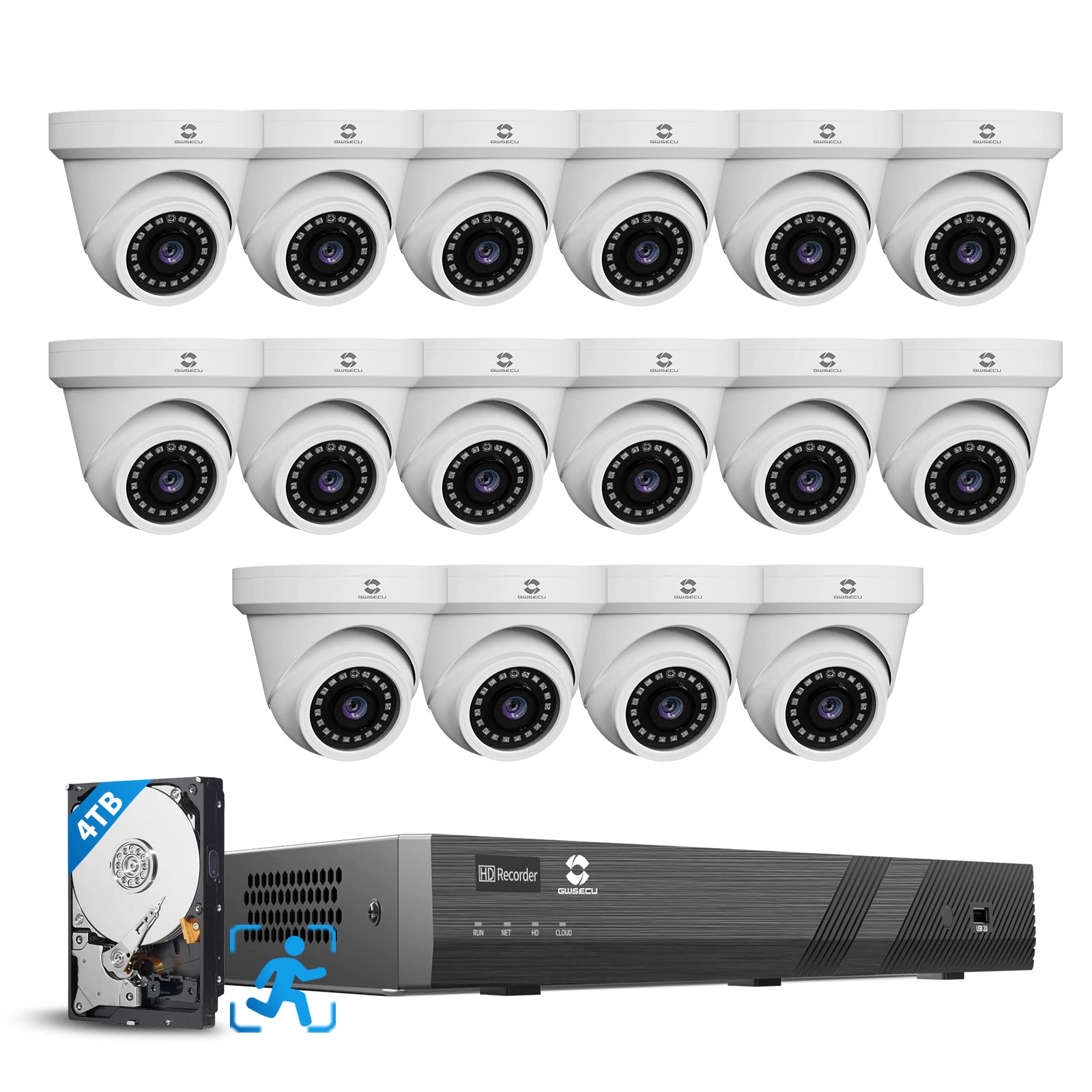GWSECU 4K 16 Channel PoE Home Security Camera System, 4K/8MP Video Surveillance NVR with 4TB HDD, 16PCs 5MP 2.8mm 110° Wide Angle Person Detection IP Dome Cameras Business 24/7 Audio Recording