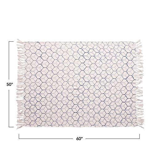 Creative Co-Op Stonewashed Cotton Blend Ogee Pattern & Tassels, Blue & Cream Color Throw