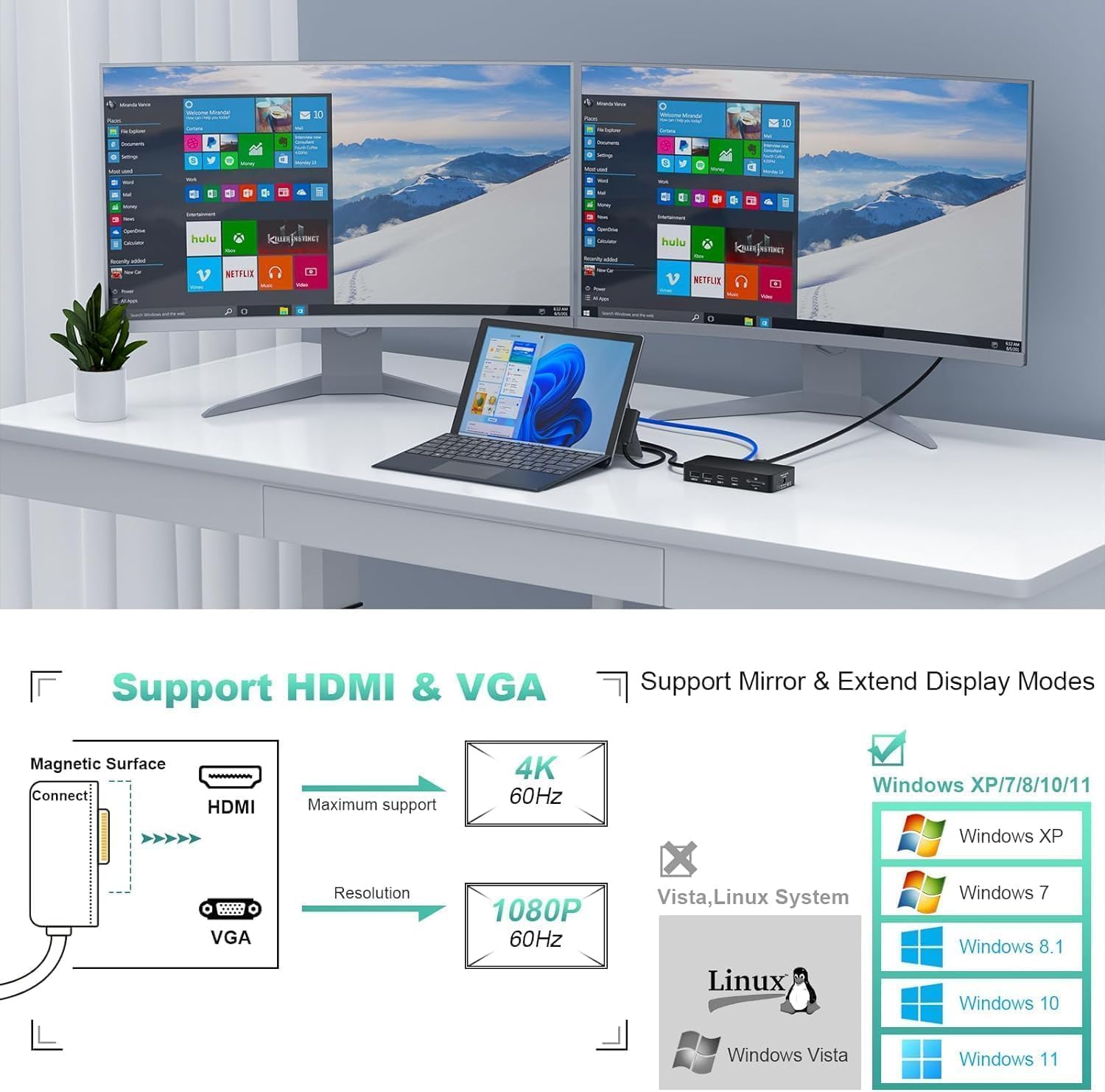 MTAKYI Surface Dock Triple Display with Power Supply, 12 in 1 Surface Pro Docking Station Dual 4K HDMI+VGA for Surface Pro 9/8/X/7/6/5/4/3, Surface Laptop go/5/4/3/2/1 USB C Splitter