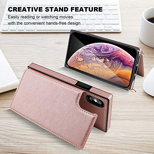 Bocasal Crossbody Wallet Case for iPhone Xs Max Credit Card Holder PU Leather Kickstand Shockproof Detachable Cross Body Strap Lanyard Magnetic Closure 6.5 inch(Rose Gold)