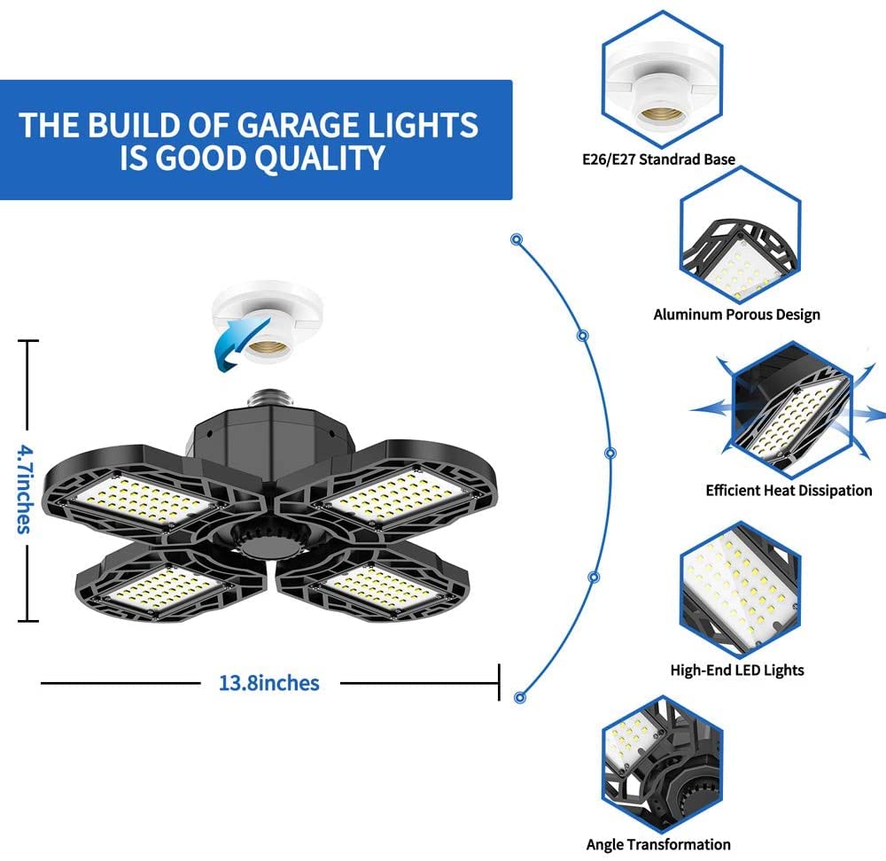 Lazzgan LED Garage Light, 120W LED Garage Ceiling Lights with 4 Deformable Panels, Extra Bright 12000LM E26 High Bay LED Shop Lighting Fixtures for Garage, Basement