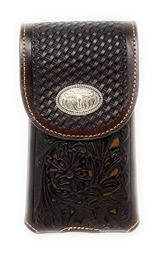 Texas West Western Cowboy Tooled Floral Leather Longhorn Concho Belt Loop Cell Phone Holster Case in 4 Colors (Cofee)