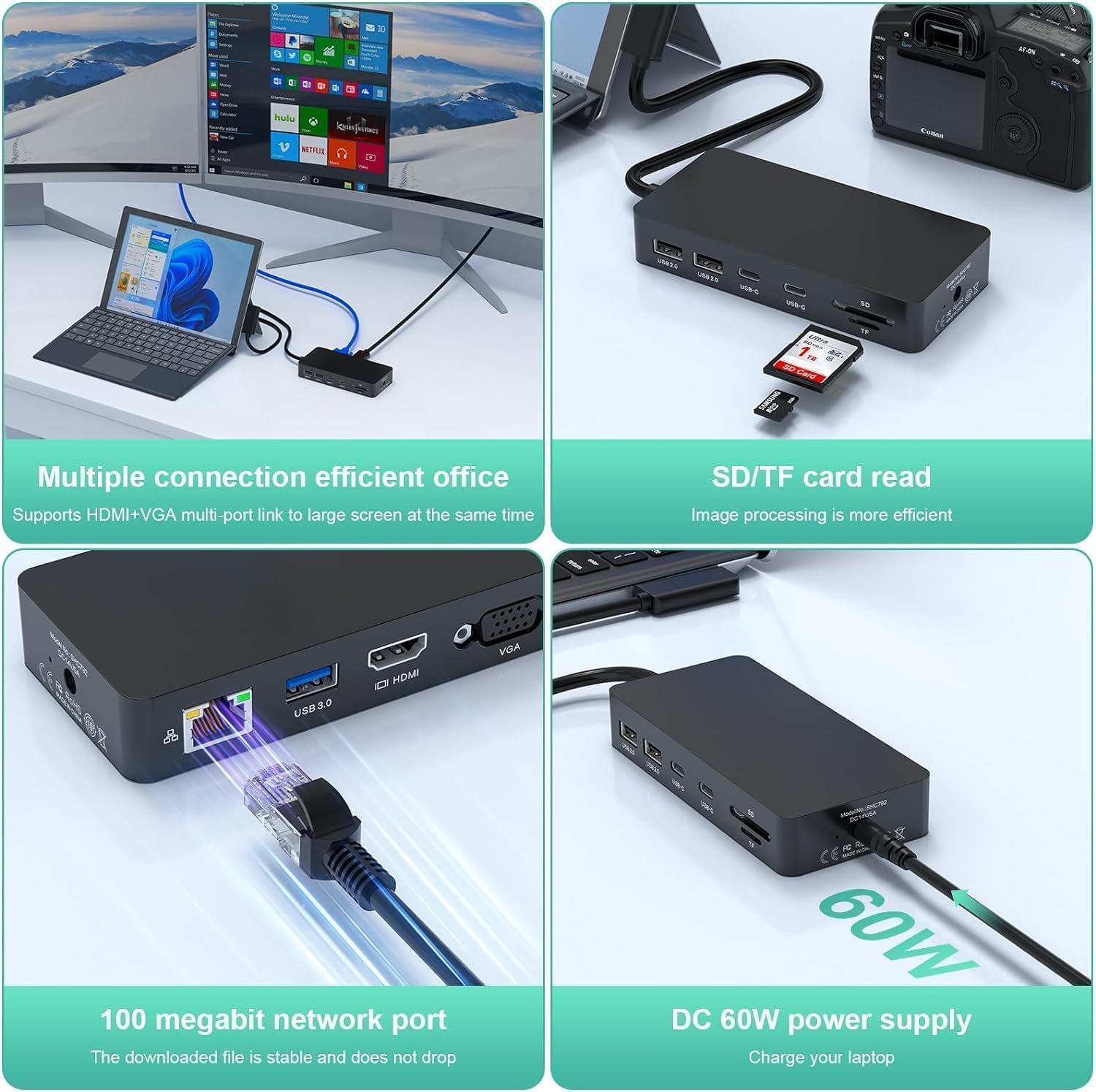 MTAKYI Surface Dock Triple Display with Power Supply, 12 in 1 Surface Pro Docking Station Dual 4K HDMI+VGA for Surface Pro 9/8/X/7/6/5/4/3, Surface Laptop go/5/4/3/2/1 USB C Splitter