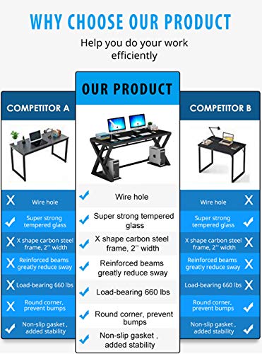 NA Tempered Glass Computer Desk with X-Shaped Metal Frame, Fashion Modern Design Writing and Study Desk, Work Desk for Home Office (55.1 inch)