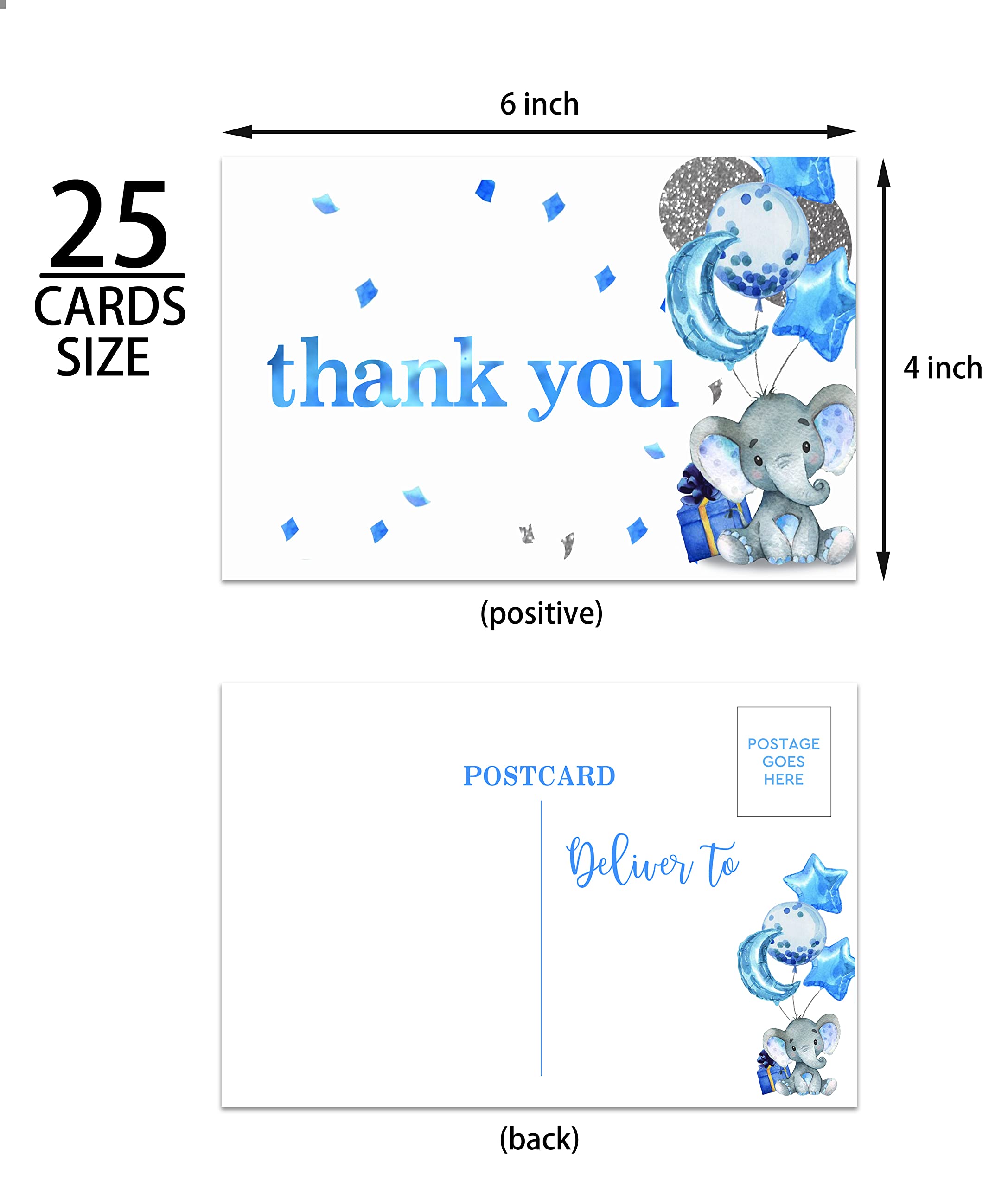 Yuansail Baby Shower Thank You Postcards, Blue Elephant Appreciation Post Cards, 25 cards – (bb006-ganxie)