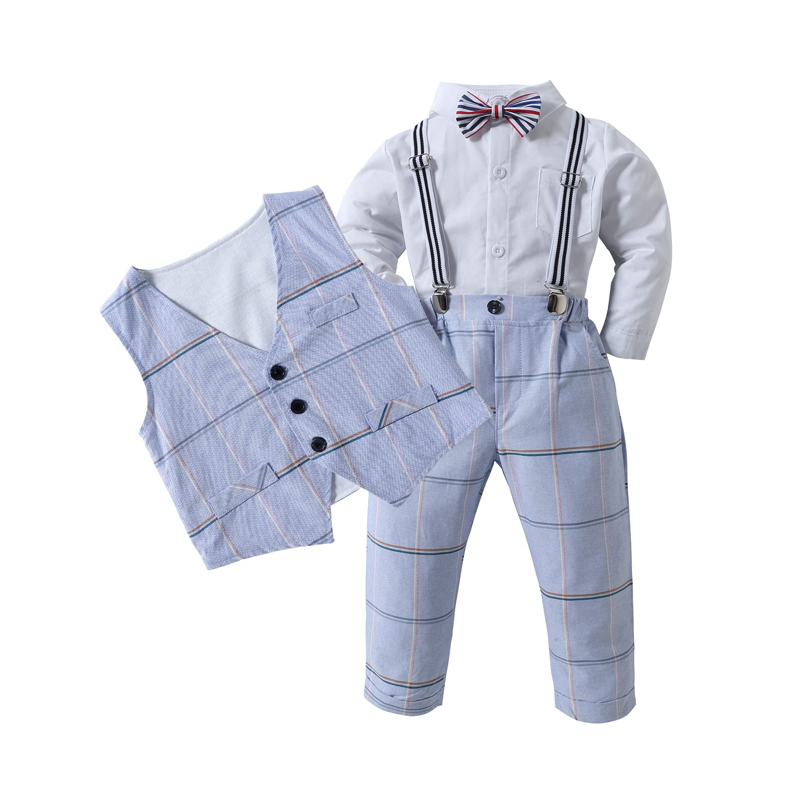 Kgurtagh Baby Boy Gentleman Outfit, Long Sleeve T-Shirts & Vest & Pants & Bow Tie & Suspender, Toddler Boy Suspenders Outfits, Kids Boy Formal Suit for Special Occassion (1-5T)