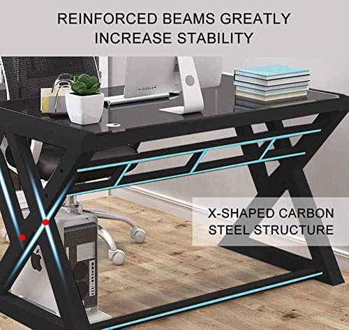 NA Tempered Glass Computer Desk with X-Shaped Metal Frame, Fashion Modern Design Writing and Study Desk, Work Desk for Home Office (55.1 inch)
