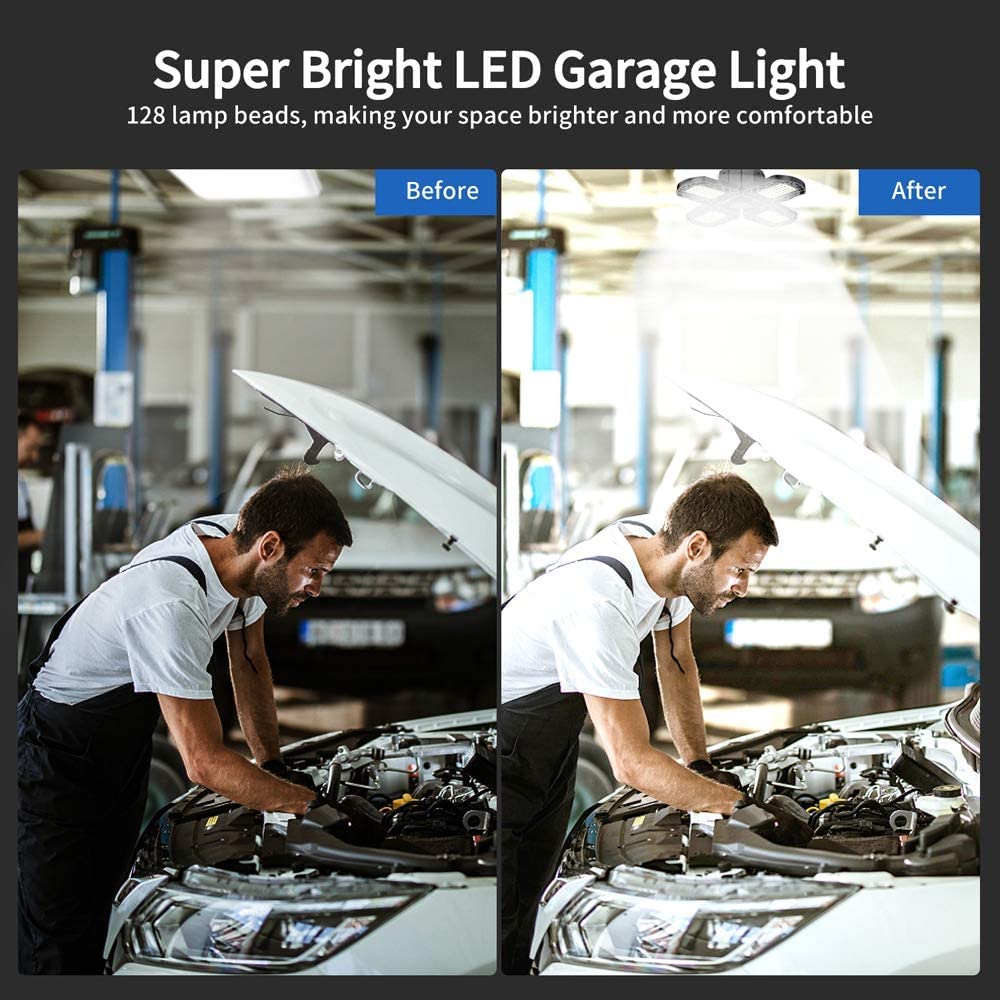 Lazzgan LED Garage Light, 120W LED Garage Ceiling Lights with 4 Deformable Panels, Extra Bright 12000LM E26 High Bay LED Shop Lighting Fixtures for Garage, Basement