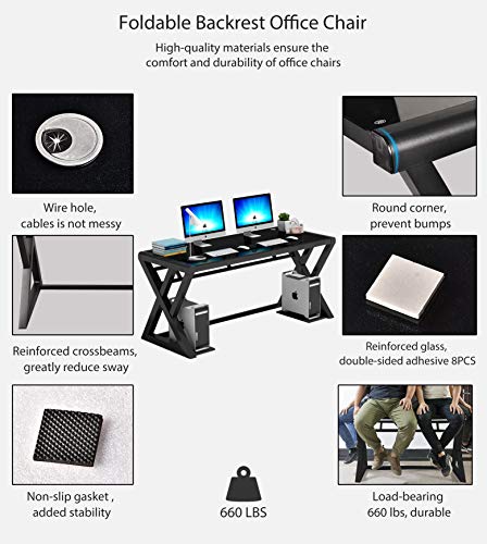 NA Tempered Glass Computer Desk with X-Shaped Metal Frame, Fashion Modern Design Writing and Study Desk, Work Desk for Home Office (55.1 inch)