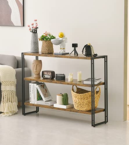 Bookshelf,3-Tier Open Bookcase,Rustic Wood and Metal Industrial Display Book Shelves Home Office,Bedroom Standing Shelf Unit,Horizontal Kitchen Shelf Organizer,Bathroom Storage Rack Mid Century 47in