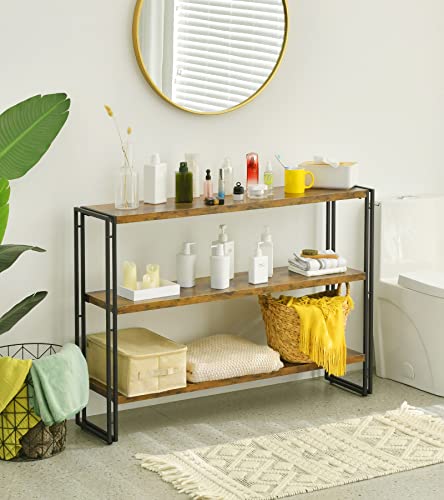 Bookshelf,3-Tier Open Bookcase,Rustic Wood and Metal Industrial Display Book Shelves Home Office,Bedroom Standing Shelf Unit,Horizontal Kitchen Shelf Organizer,Bathroom Storage Rack Mid Century 47in