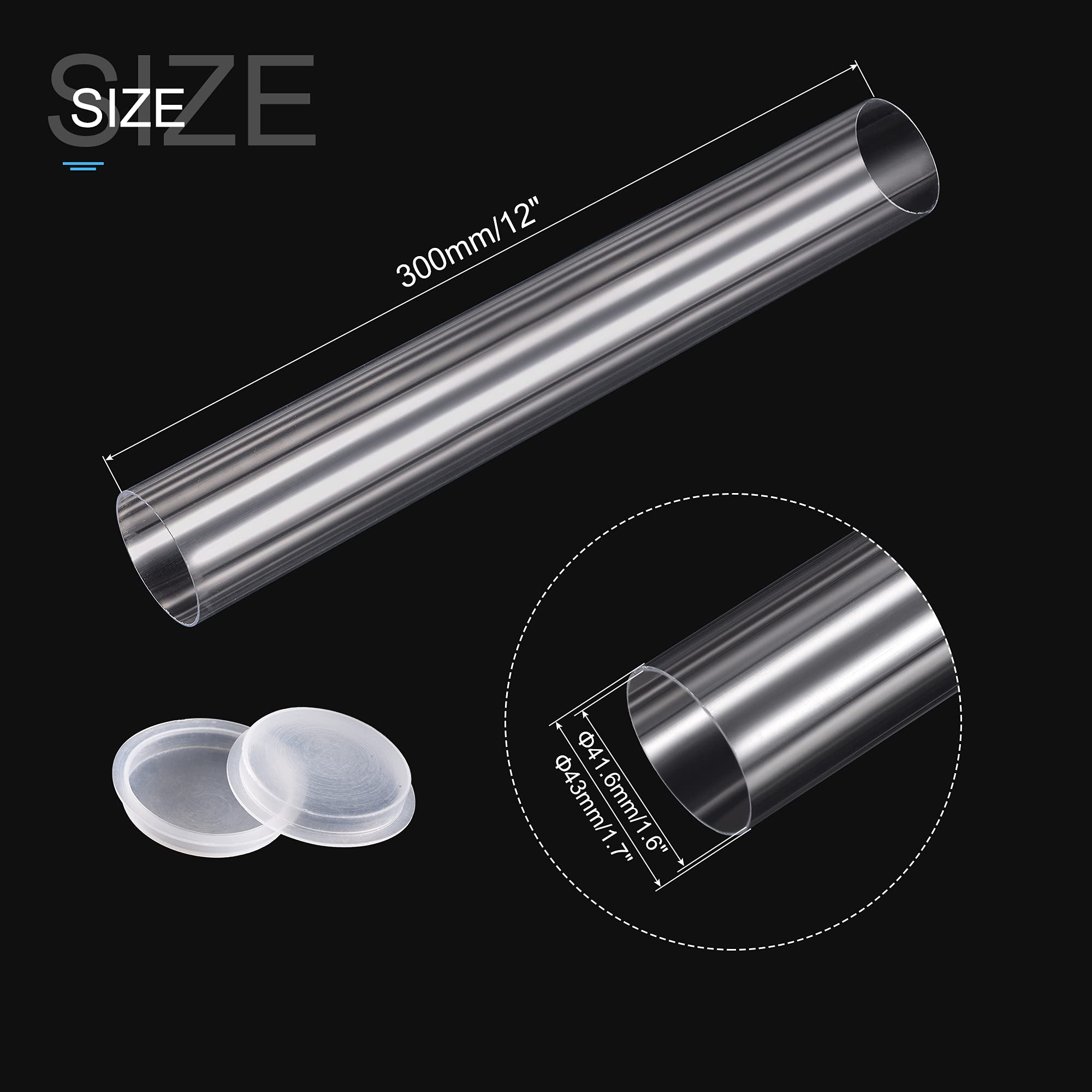MECCANIXITY Clear Storage Tube Small Plastic Round Tubing with Caps Rigid Bottle Container 41.6x43x300mm/12 Inch Length for Item Stored