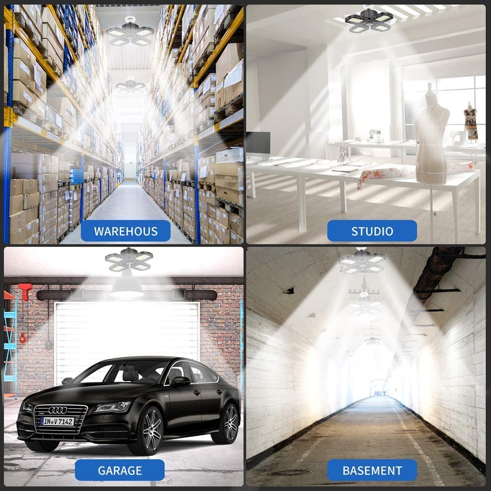 Lazzgan LED Garage Light, 120W LED Garage Ceiling Lights with 4 Deformable Panels, Extra Bright 12000LM E26 High Bay LED Shop Lighting Fixtures for Garage, Basement