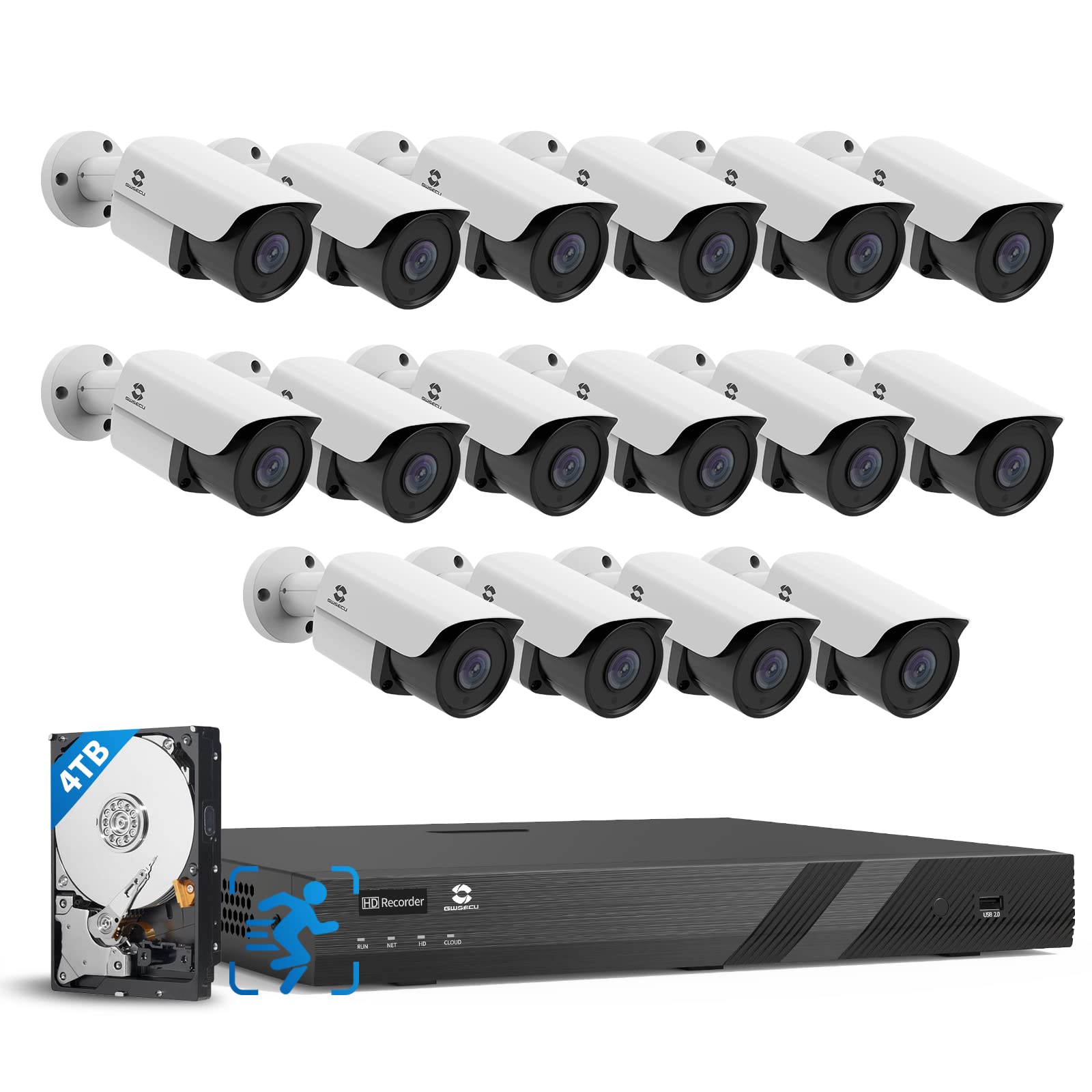 GWSECU 4K 16 Channel PoE Home Security Camera System, 4K/8MP Video Surveillance NVR with 4TB HDD, 16PCs 5MP 2.8mm 110° Wide Angle Person Detection IP Bullet Cameras Business 24/7 Recording