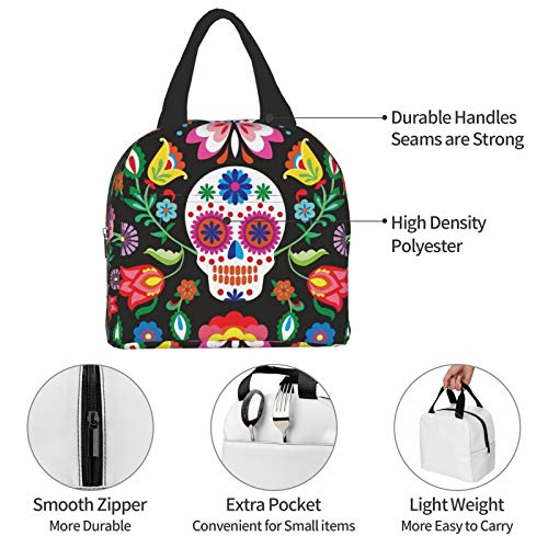 Sugar Cute Skull Insulated Lunch Bag Tote Bag with Front Pockets Lunch Box Leakproof Lunch Container for Men & Women to Office Work School Picnic