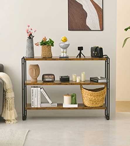 Bookshelf,3-Tier Open Bookcase,Rustic Wood and Metal Industrial Display Book Shelves Home Office,Bedroom Standing Shelf Unit,Horizontal Kitchen Shelf Organizer,Bathroom Storage Rack Mid Century 47in