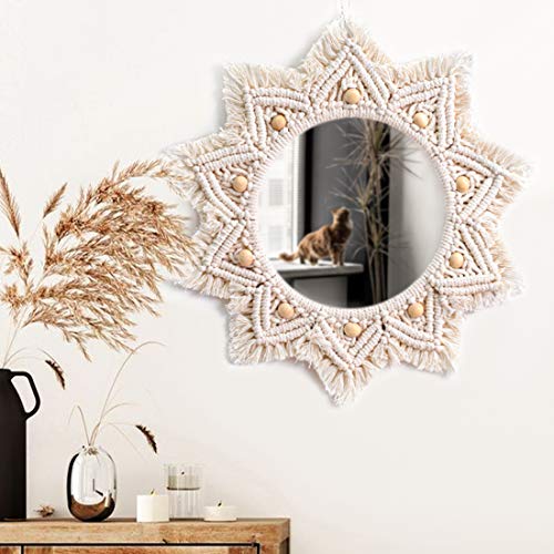 TENEWEE Boho Wall Decor Mirror Macrame Circle Hanging Mirror for Bedroom Living Room Apartment Entryway Home Decor