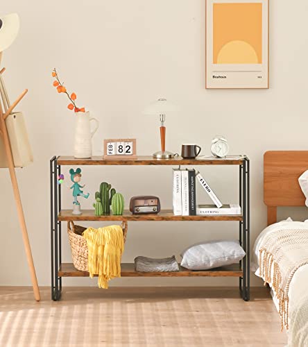 Bookshelf,3-Tier Open Bookcase,Rustic Wood and Metal Industrial Display Book Shelves Home Office,Bedroom Standing Shelf Unit,Horizontal Kitchen Shelf Organizer,Bathroom Storage Rack Mid Century 47in