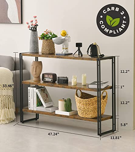 Bookshelf,3-Tier Open Bookcase,Rustic Wood and Metal Industrial Display Book Shelves Home Office,Bedroom Standing Shelf Unit,Horizontal Kitchen Shelf Organizer,Bathroom Storage Rack Mid Century 47in