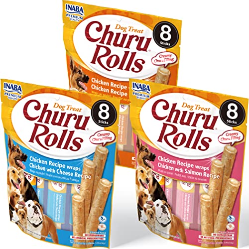 INABA Churu Rolls for Dogs, Grain-Free, Soft/Chewy Baked Chicken Wrapped Churu Filled Dog Treats, 0.42 Ounces Each Stick| 24 Stick Treats Total (8 Sticks per Pack), 3 Flavor Variety Pack (24 Sticks)