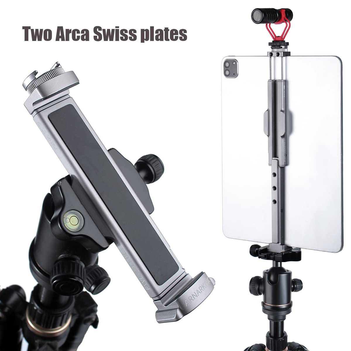 ARNARKOK Metal Tablet Tripod Mount, 7.9-12.9in Ipad Holder, Rotatable Cold Shoe, 2 Acra Swiss QR Bracket, Universal Tablet Mount for Video Recording