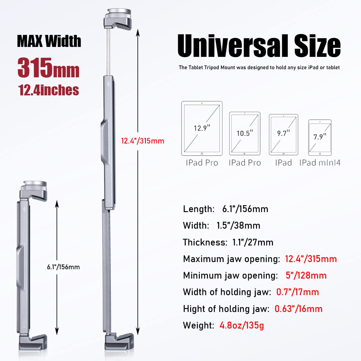 ARNARKOK Metal Tablet Tripod Mount, 7.9-12.9in Ipad Holder, Rotatable Cold Shoe, 2 Acra Swiss QR Bracket, Universal Tablet Mount for Video Recording