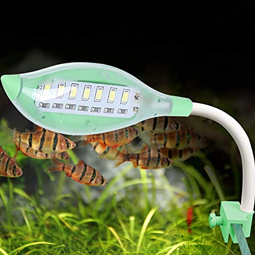 Aquarium Mini USB Lamp Tortoise Fish Tank Aquarium LED Clip On Leaf Head Light for Aquatic Plant Growing with US Plug(Blue White Light-Green)