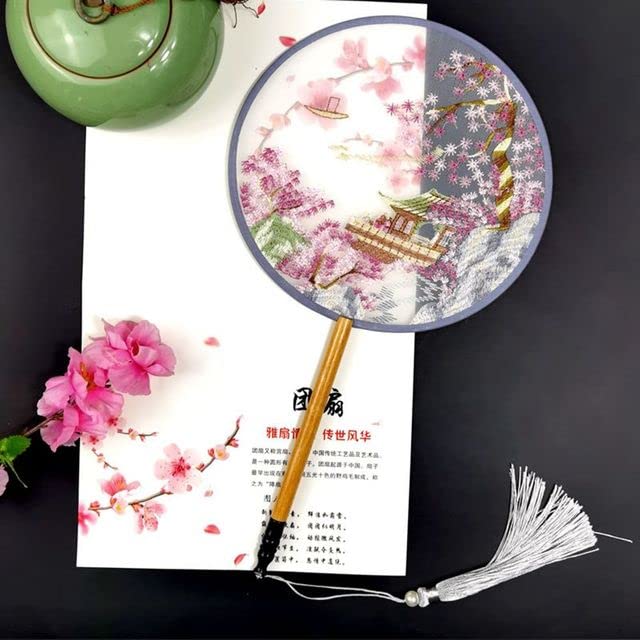JOCERO Women Dancing Embroidery Flower Handheld Wooden Handle Fan Vintage Translucent Chinese Style Round Silk Fans with Tassels