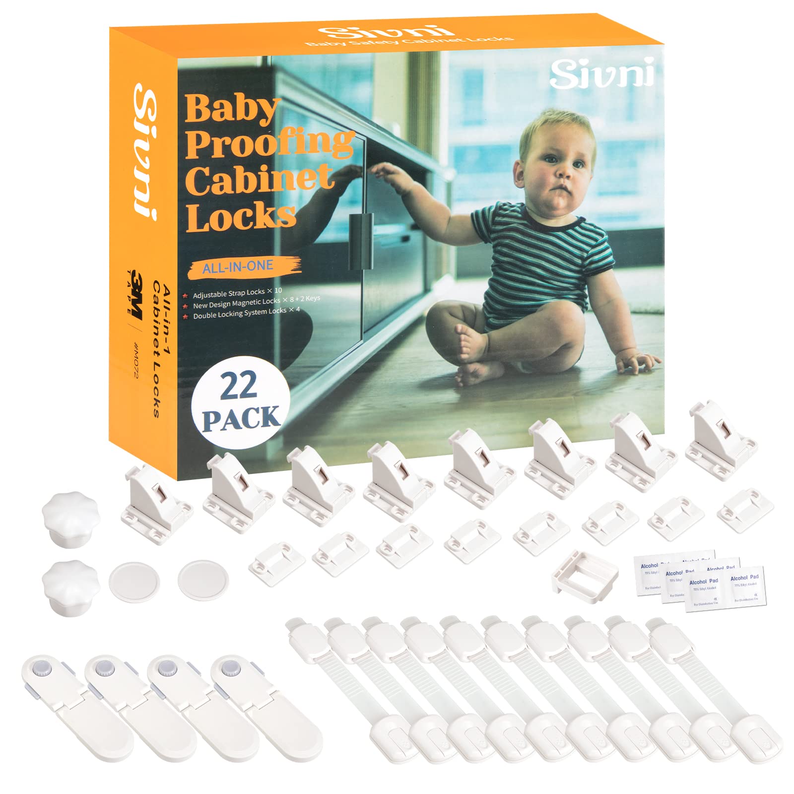 Child Proof Cabinet Latches 22 Pack - Baby Proofing Cabinet Locks for Babies, 3M Adhesive No Drilling, Multi-Purpose for Most Cabinets and Drawers, Fridges, Ovens, Toilet Seats