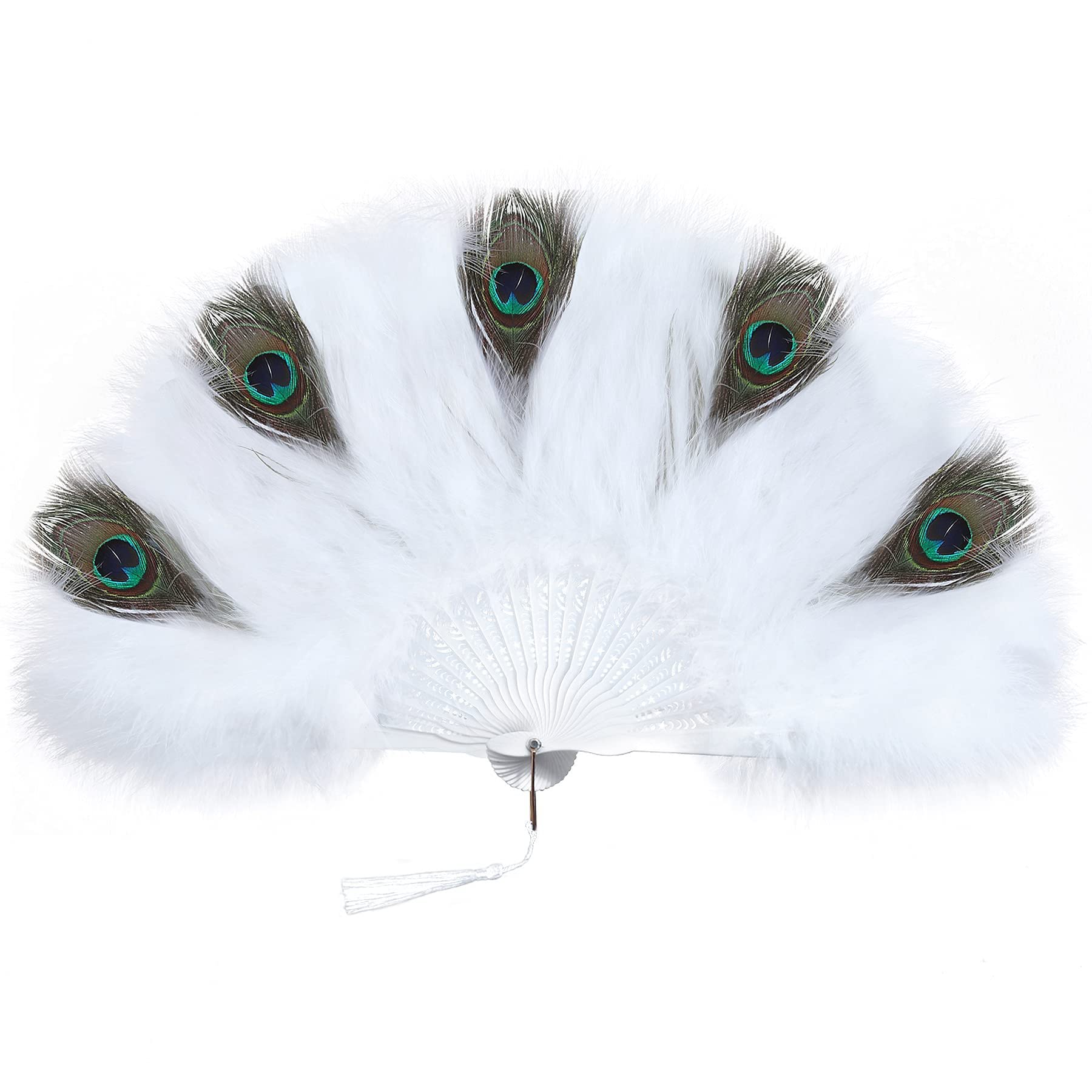 CENLLE 1920s Vintage Feather Folding Fan Full Fleece Peacock Feather Fan Female Costume Party Dance Photo Shoot Wedding Decoration (White)