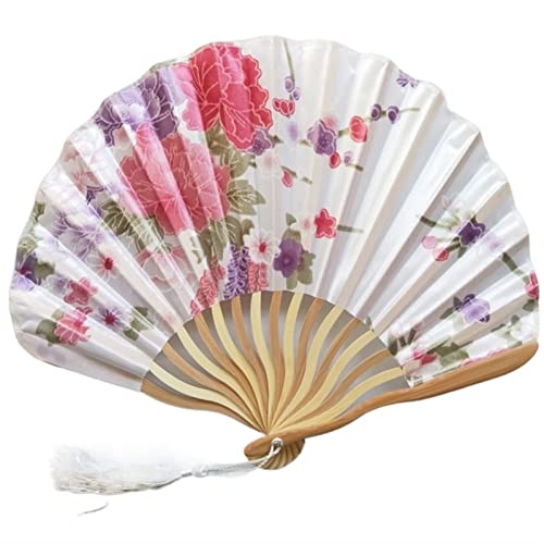 PHONME Multipurpose 3 pcs Chinese Style Hand Held Fans Personalized Pattern Silk Bamboo Folding Fans Handheld Wedding Hand Fan Cool Bamboo Flower Fan for Decoration Vintage Style (Color : White)