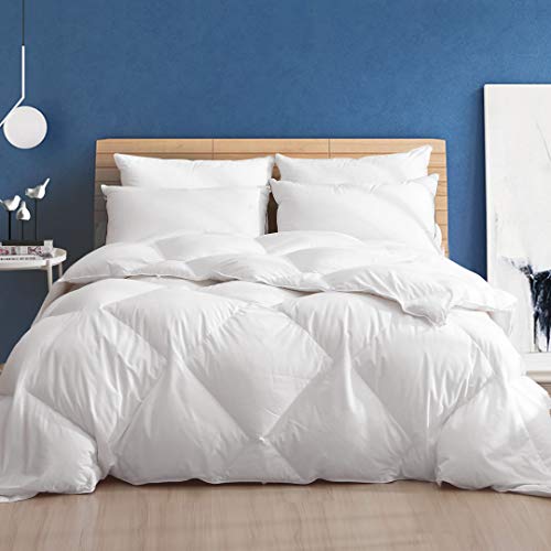 Dafinner Feathers Down Comforter Queen - Geometric Quilted Blanket with Corner Tabs, 55oz Medium Warm All Season Duvet Insert or Stand-Alone Comforter (90x90, White)