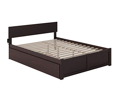 AFI Orlando Queen Platform Bed with Footboard and Turbo Charger with Twin Extra Long Trundle in Espresso