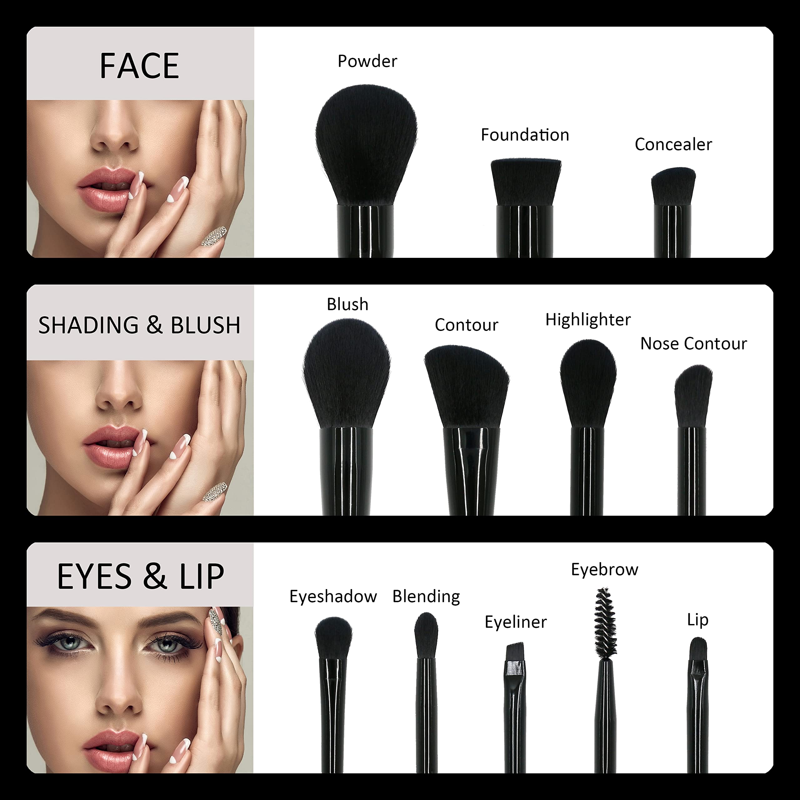 Makeup Brushes 12Pcs Makeup Brushes Set Professional, Premium Synthetic Kabuki Foundation Powder Contour Blush Concealer Eyeshadow Blending Highlighter Eyeliner Eyebrow Makeup Brush (Black)