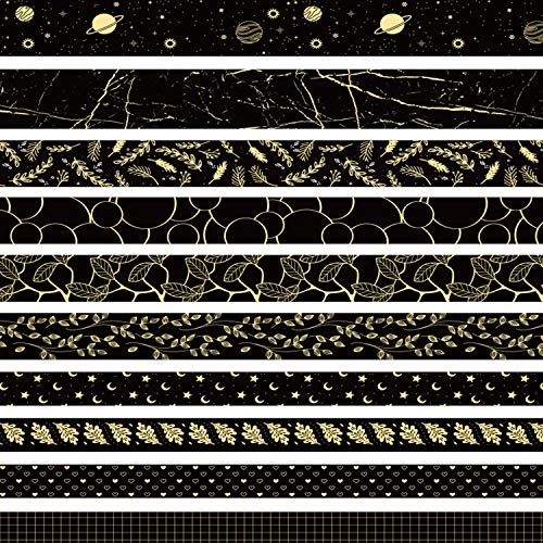 VEYLIN 10Rolls Black Gold Washi Tape, Premium Mixed Size Decorative Masking Tape for Scrapbook Journal