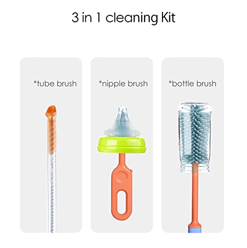 MOOANE Bottle Brush,Silicone Baby Bottles Brush with 360 ° Rotation and Long Handle,Bottle Cleaner Brush Set for Kid,Set of 3 (Orange)