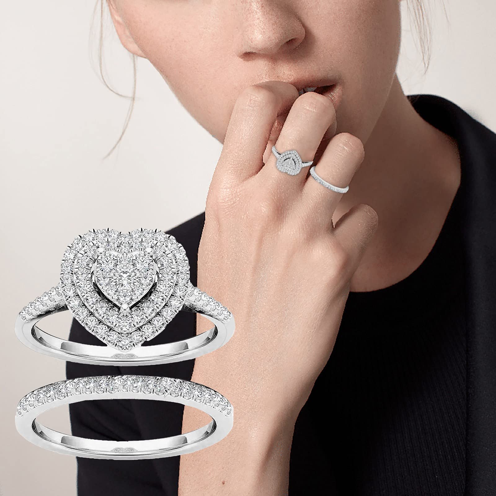 Women Promise Rings Diamond Carving Love Shaped Simulated Diamond Fashion Ring Women Hollow Wedding Band Stackable Ring Mothers Ring (Silver, 7)