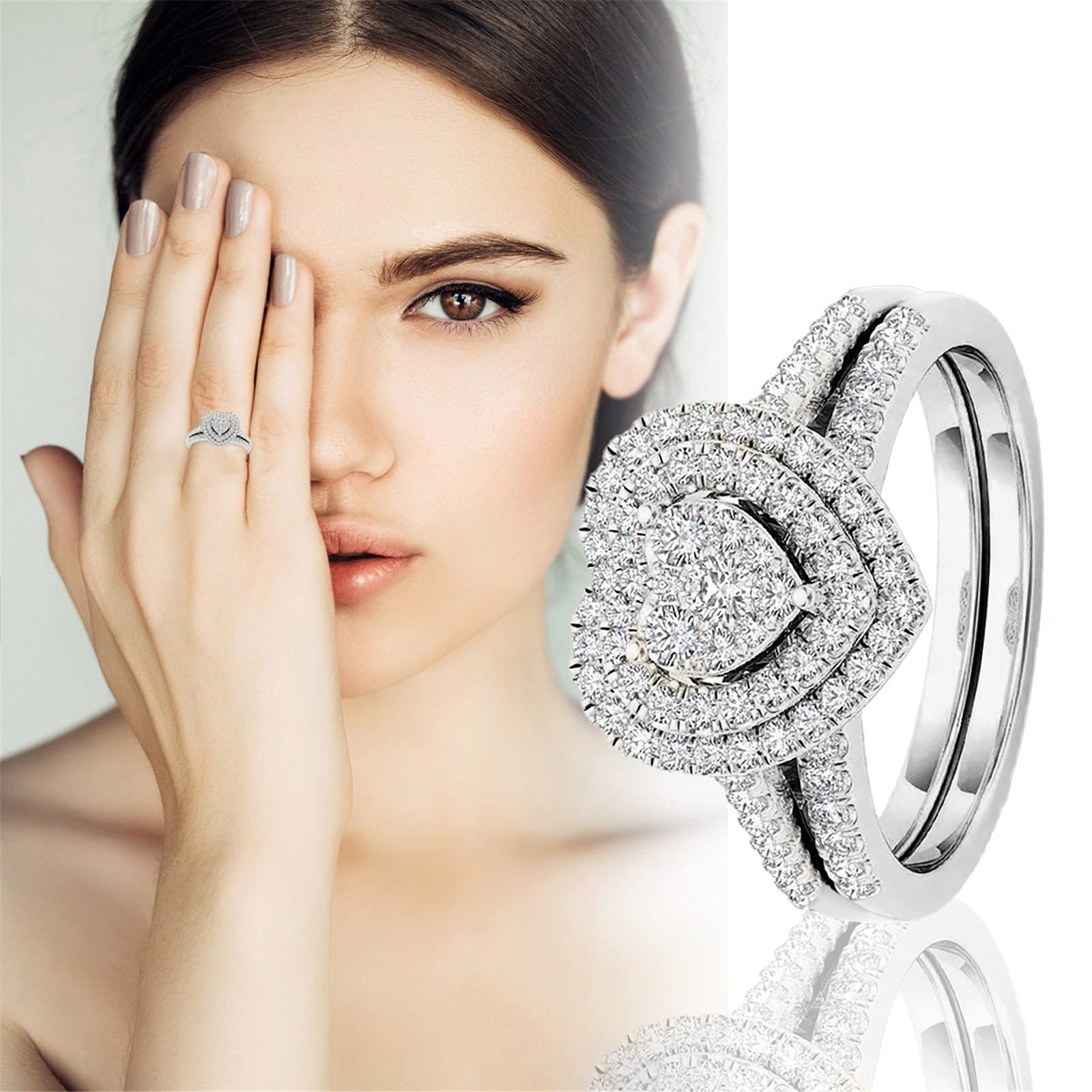 Women Promise Rings Diamond Carving Love Shaped Simulated Diamond Fashion Ring Women Hollow Wedding Band Stackable Ring Mothers Ring (Silver, 7)