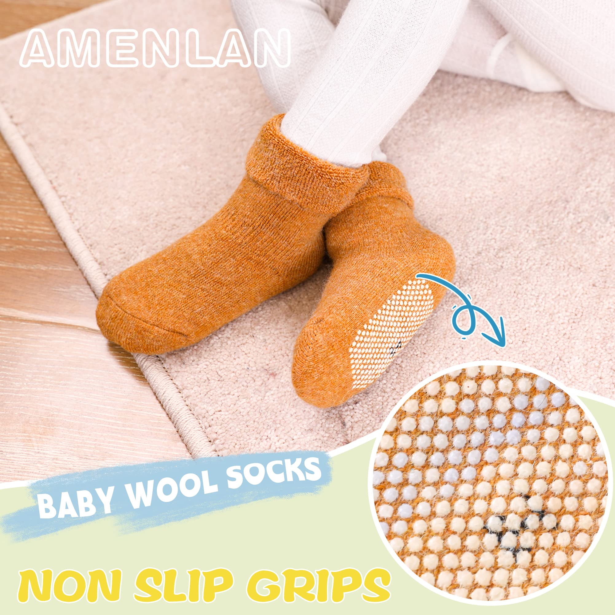 AMENLAN Baby Wool Floor Socks Soft Winter Warm Thick Non slip Toddler Boys Girls Crew Neck Socks 6 pairs (Solid Color B, 0-12 Months)