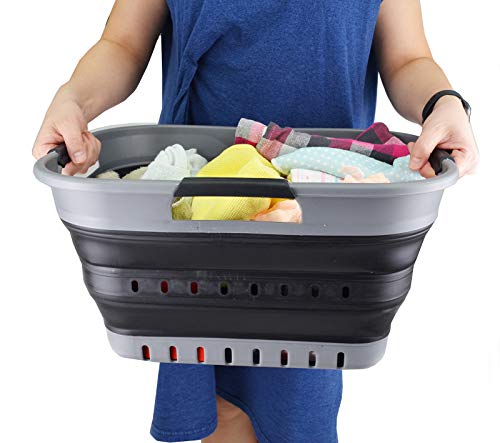 SAMMART 19L (5 gallon) Collapsible Super Mini 3 Handled Plastic Laundry Basket - Foldable Pop Up Storage Container/Organizer - Space Saving Hamper/Basket, (1, Grey/Black)