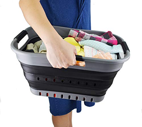 SAMMART 19L (5 gallon) Collapsible Super Mini 3 Handled Plastic Laundry Basket - Foldable Pop Up Storage Container/Organizer - Space Saving Hamper/Basket, (1, Grey/Black)