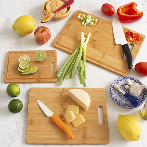 HHXRISE Original Bamboo Cutting Board(3 Piece Set) With Handle For Kitchen, With Built-In Compartments And Juice Grooves, Heavy Duty Chopping Board Serving Tray, Butcher Block, Carving Board…