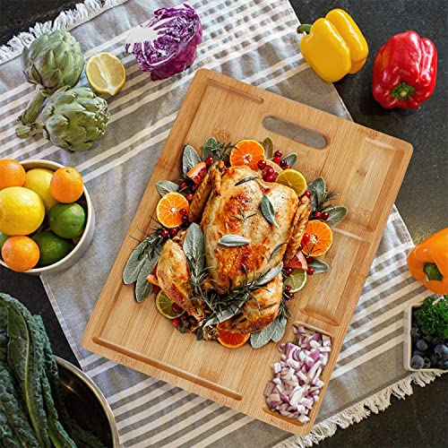 HHXRISE Original Bamboo Cutting Board(3 Piece Set) With Handle For Kitchen, With Built-In Compartments And Juice Grooves, Heavy Duty Chopping Board Serving Tray, Butcher Block, Carving Board…