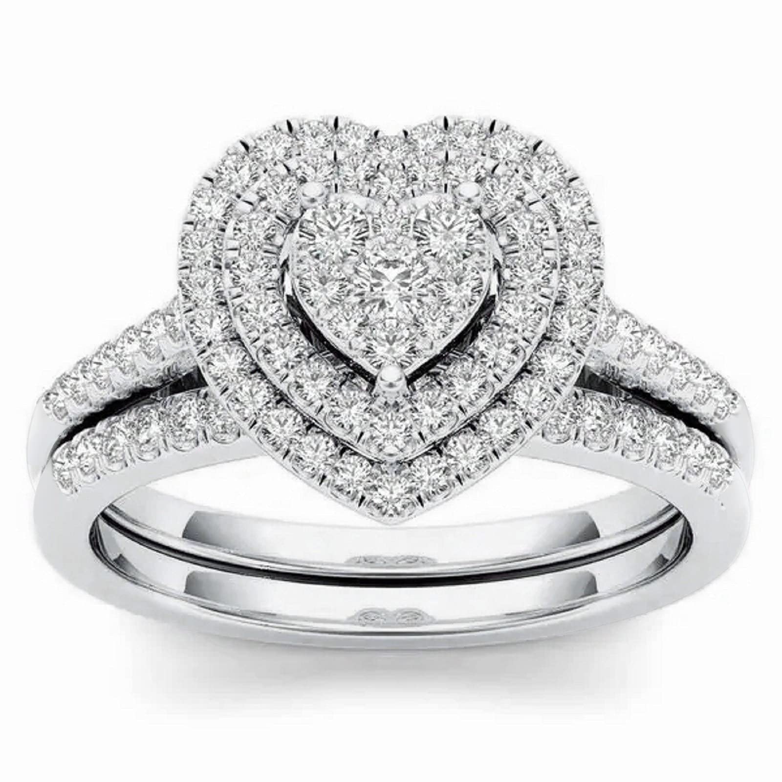 Women Promise Rings Diamond Carving Love Shaped Simulated Diamond Fashion Ring Women Hollow Wedding Band Stackable Ring Mothers Ring (Silver, 7)