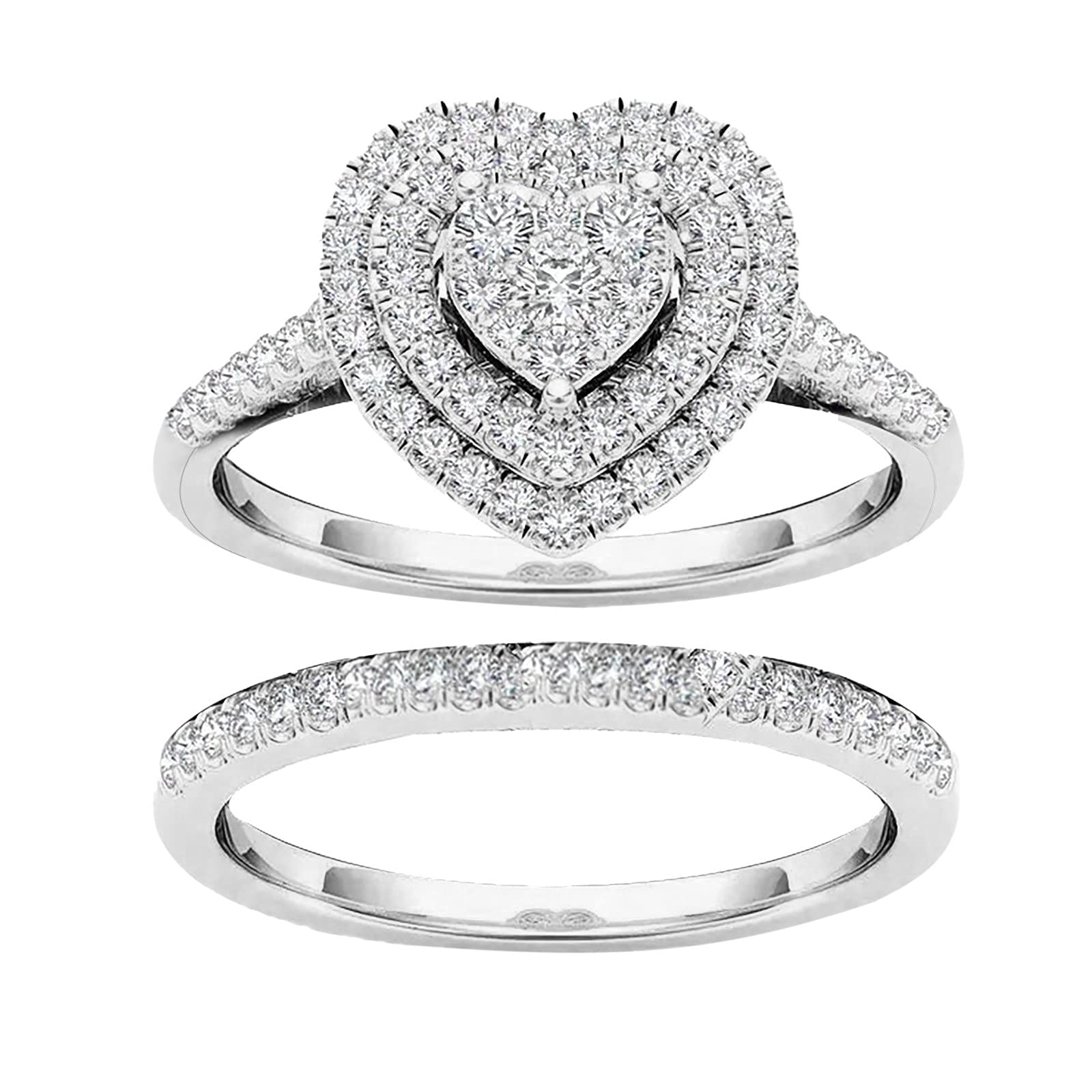 Women Promise Rings Diamond Carving Love Shaped Simulated Diamond Fashion Ring Women Hollow Wedding Band Stackable Ring Mothers Ring (Silver, 7)