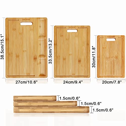 HHXRISE Original Bamboo Cutting Board(3 Piece Set) With Handle For Kitchen, With Built-In Compartments And Juice Grooves, Heavy Duty Chopping Board Serving Tray, Butcher Block, Carving Board…