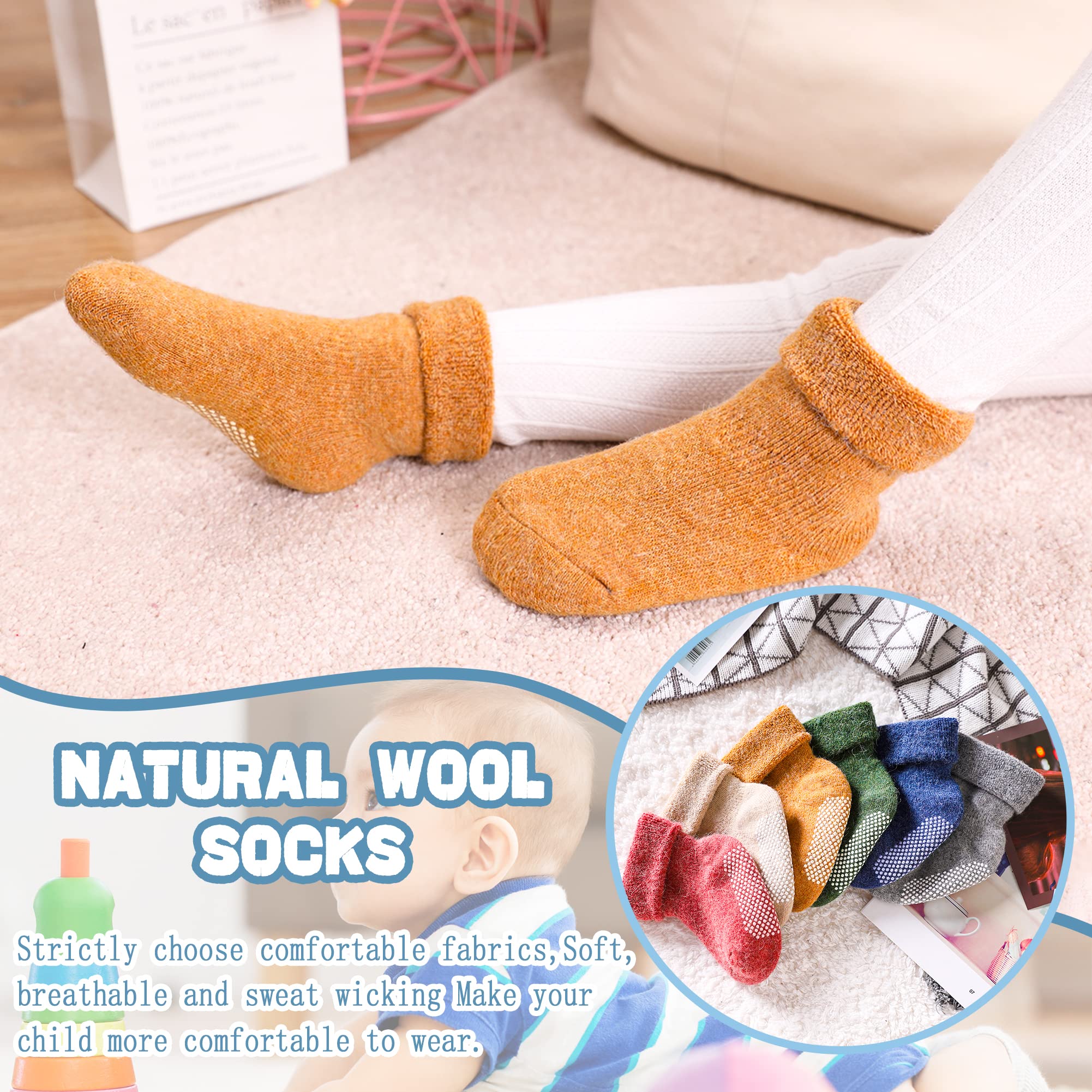 AMENLAN Baby Wool Floor Socks Soft Winter Warm Thick Non slip Toddler Boys Girls Crew Neck Socks 6 pairs (Solid Color B, 0-12 Months)