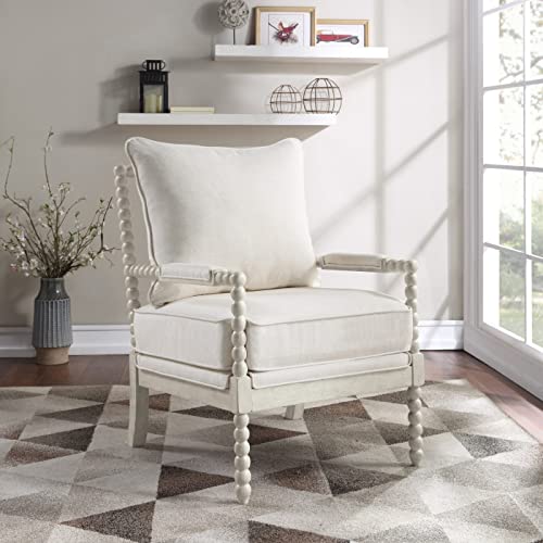 OSP Home Furnishings Kaylee Spindle Accent Chair, 26.5β W x 32.25β D x 37β H, Antique White Frame with White Linen Fabric