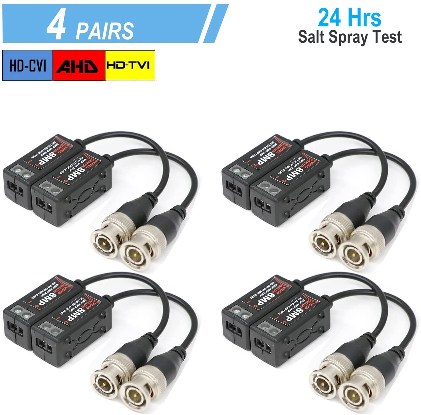 ANLINK 4 Pairs 4K 8MP HD Passive Video Balun Connectors, CCTV BNC Passive Video Balun Transceiver for BNC Male Cable via CAT5/5E/6 Twisted Pair Transmitter CCTV Camera System (4 Pairs, Screw Type)