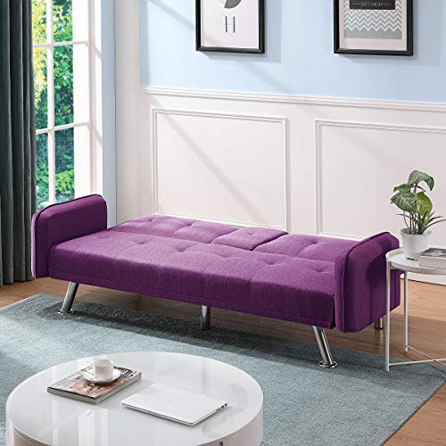 Good Sleeper Sofa Couch Convertible Twin Size Futon Sofa Bed for Small Rooms Office Gust Room, Metal Chrome Middle Legs (Fabric Purple)